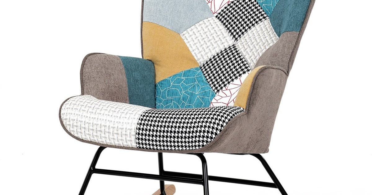 HOJDACIE KRESLO - patchwork látka, drevené nohy z masívu kaučukovníka ...